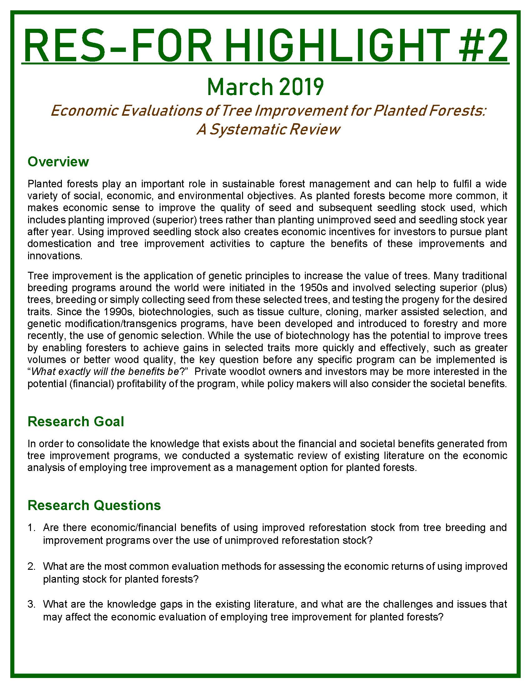 RES-FOR Highlight Sheets – RESFOR